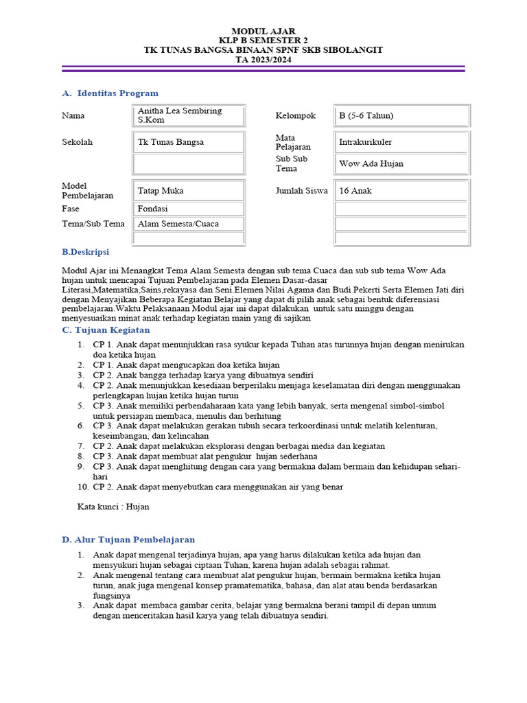 Modul Ajar B2 TK TB Semester 2 Revisi | PDF
