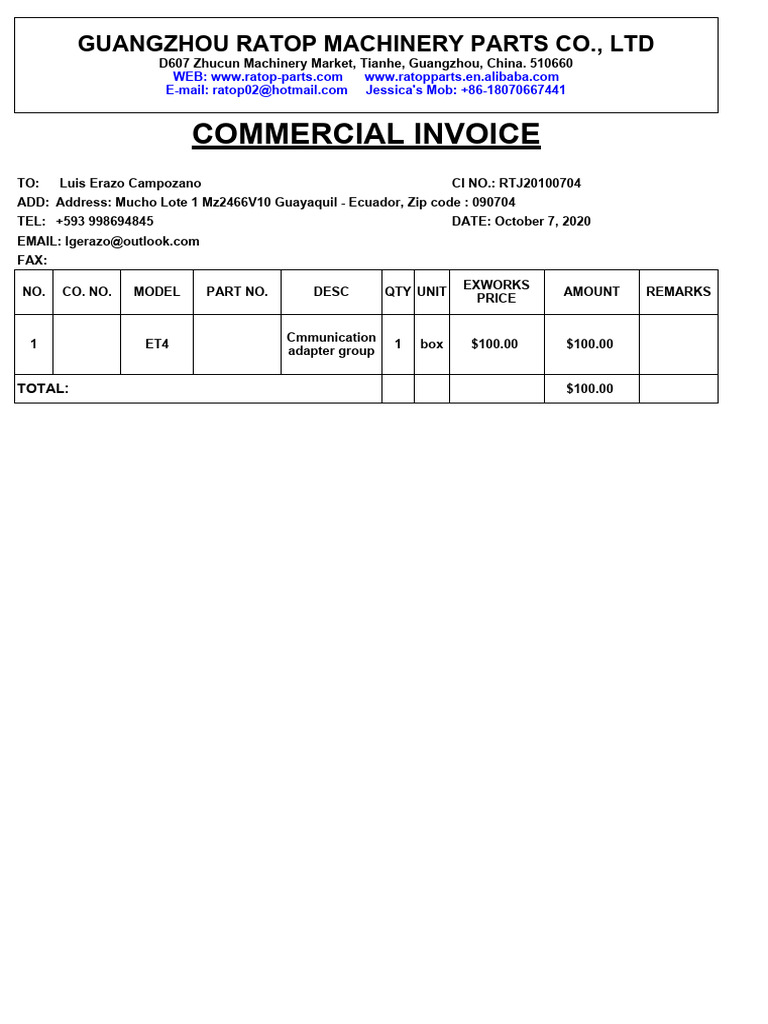 COMMERCIAL INVOICE-Customs invoice | PDF