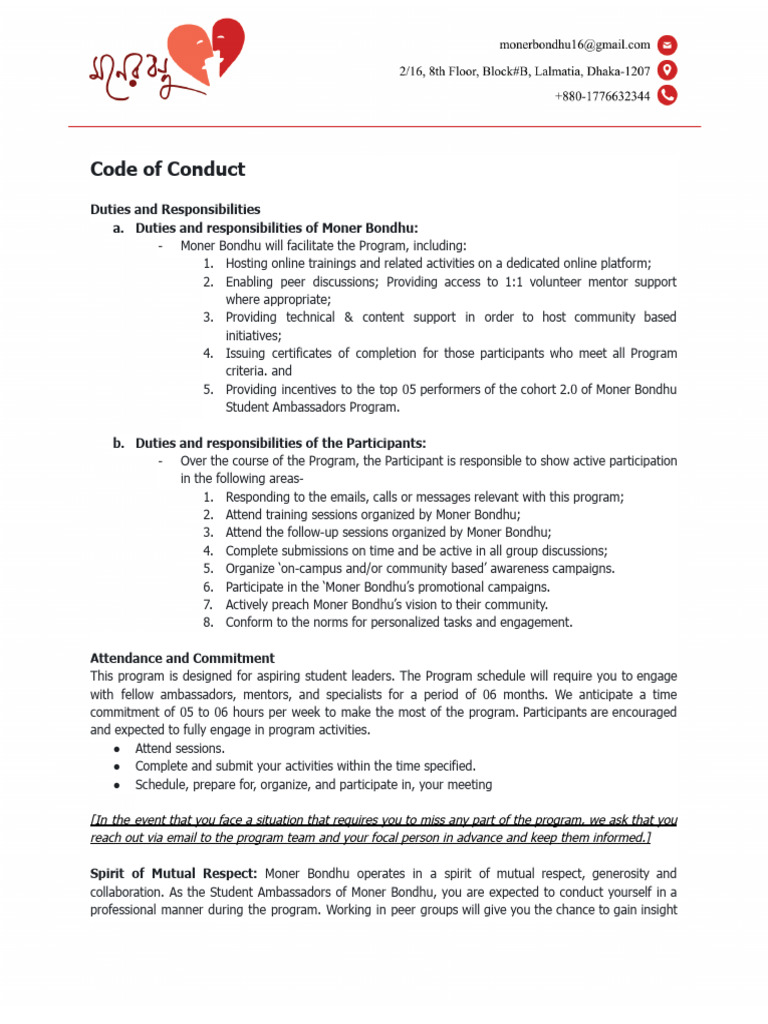 Code of Conduct - Moner Bondhu Student Ambassadors | PDF | Confidentiality