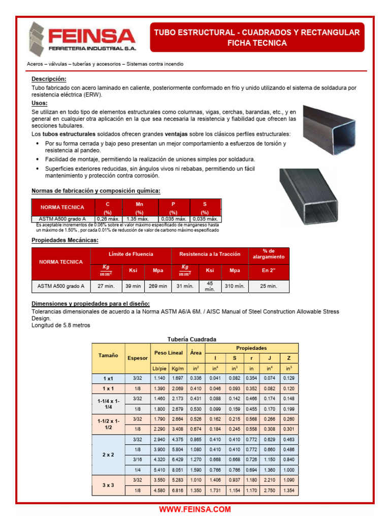Ficha Tecnica de Tuberia Cuadrada y Rectangular ASTM A500 GrA | PDF | Acero estructural | Acero