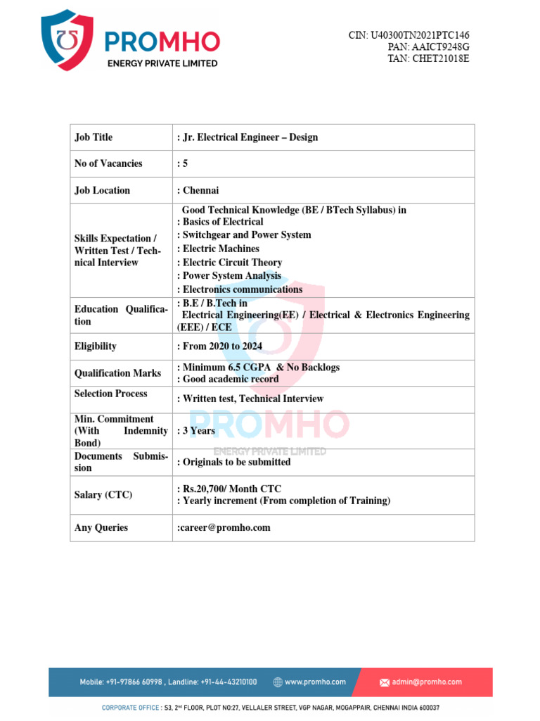 Job Description - Jr. Engineer - DES - PROMHO | PDF | Specification ...