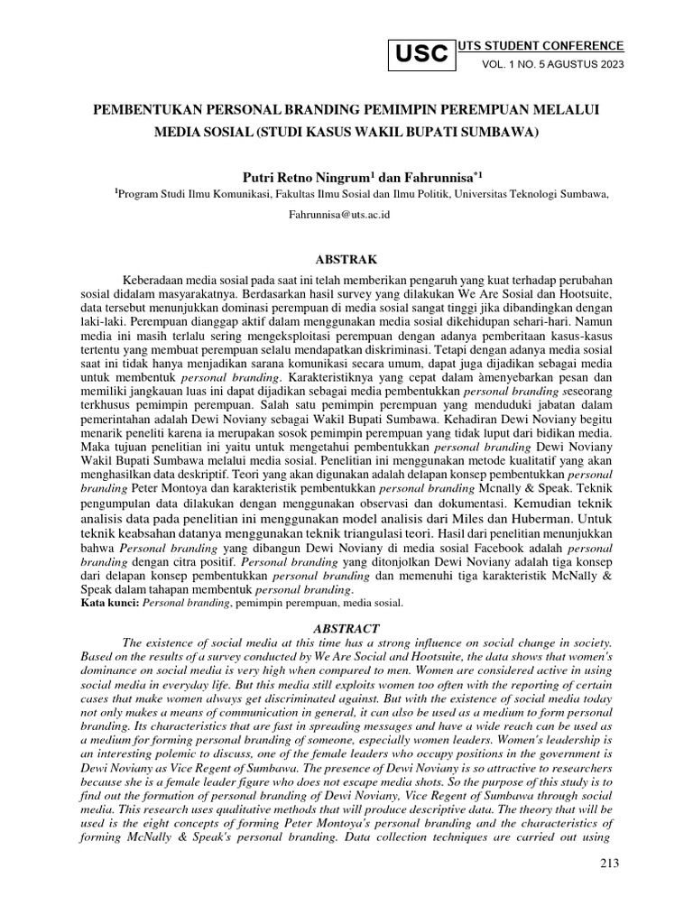 Pembentukan Personal Branding Pemimpin Perempuan Melalui Media Sosial (Studi Kasus Wakil Bupati ...