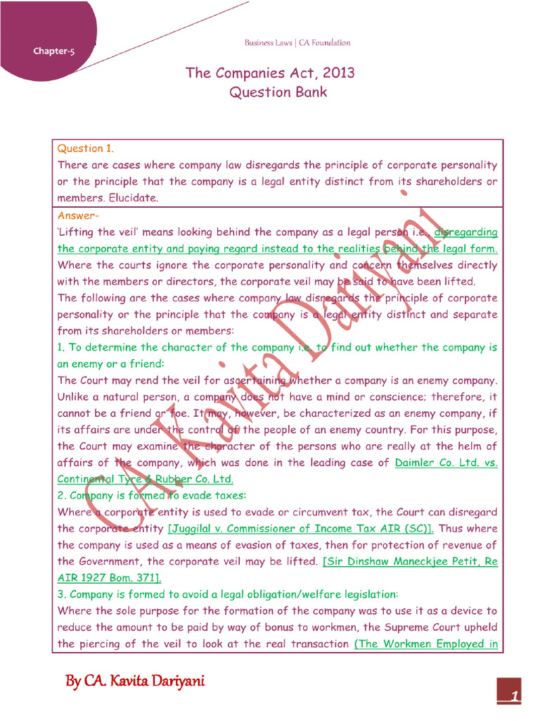 Companies Act Question Bank | PDF