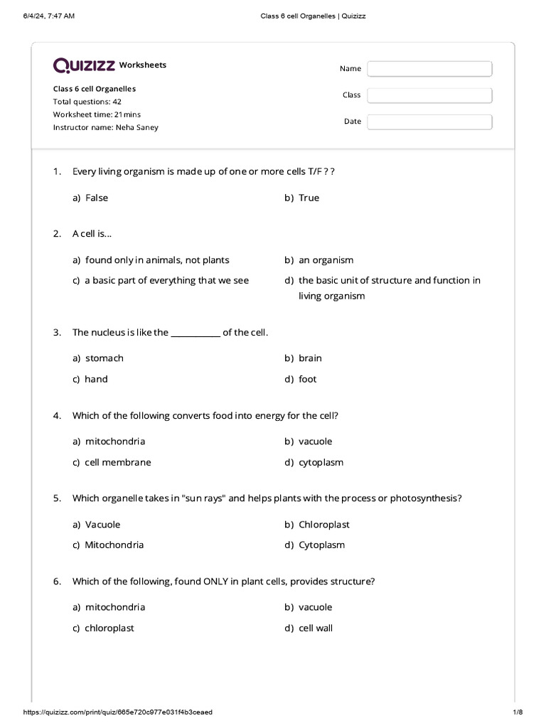 Class 6 Cell Organelles - Quizizz | PDF | Cell (Biology) | Cytoplasm