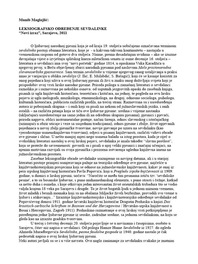 Munib Maglajlic Leksiografsko Određenje Sevdalinke | PDF