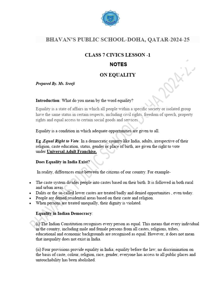 7 Civics CH 1 Notes 2024-25 | PDF | Social Equality | Caste