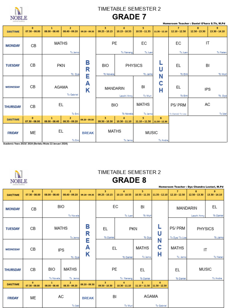 Timetable Semester 2 Update 19 January 2024 | PDF | Schools | Educational Institutions