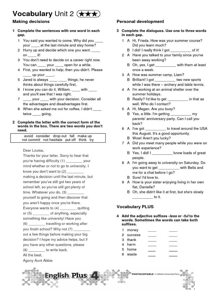 English Plus 3 Unit 2 Vocab Three Star Pdf Self Improvement 