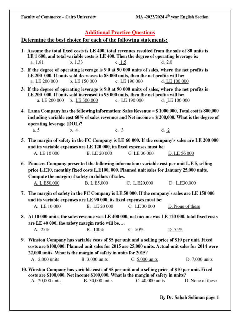 Practice Questions On Chapter Two By Dr Sabah Soliman Nov 2023