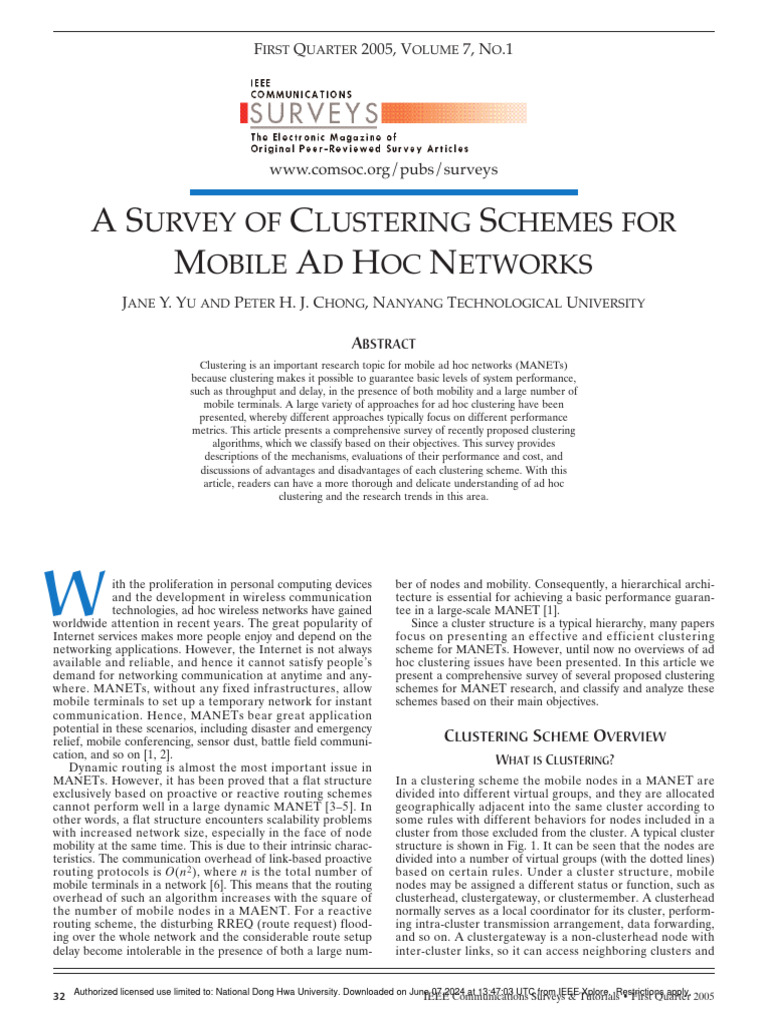 2005a Survey Of Clustering Schemes For Mobile Ad Hoc Networks Pdf Wireless Ad Hoc Network
