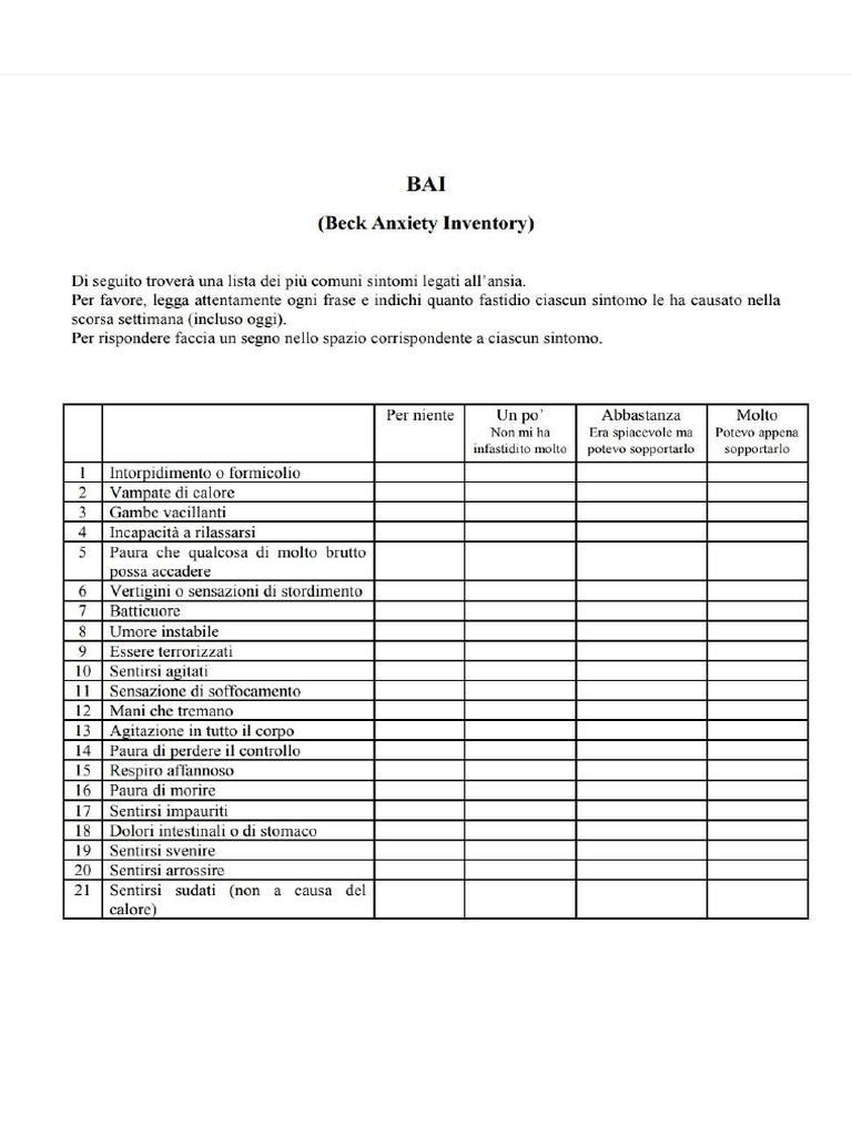 BAI Scala Valutazione Ansia | PDF