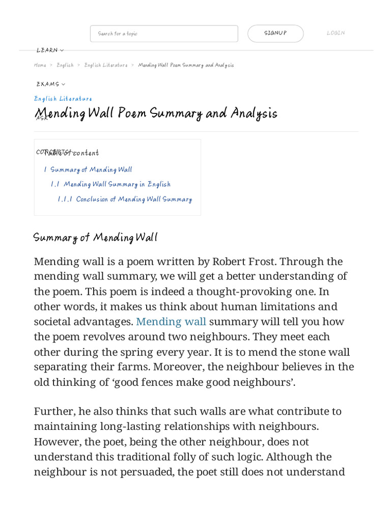 Mending Wall Poem _ English Summary and Analysis | PDF
