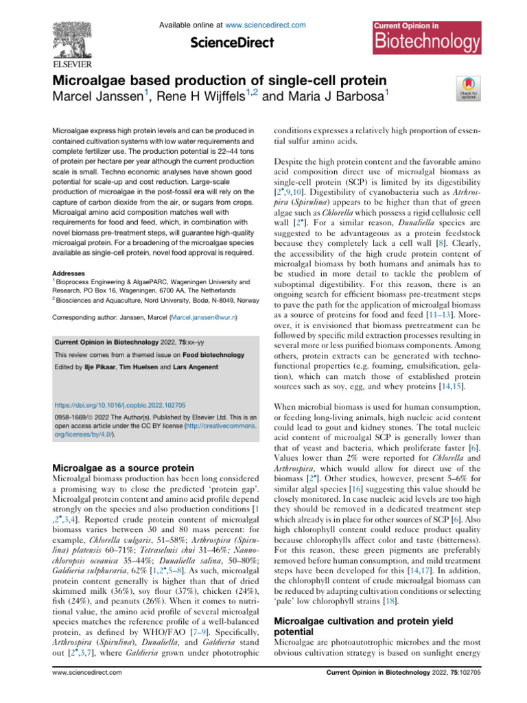 Microalgae Based Production of Single-Cell Protein (Janssen, M., Et Al ...