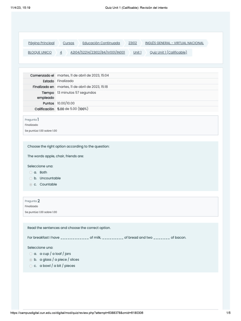 Quiz Unit 1 (Calificable) - Revisión Del Intento UNIDAD 1 OTRO QUIZ | PDF | Organic Foods | Lunch