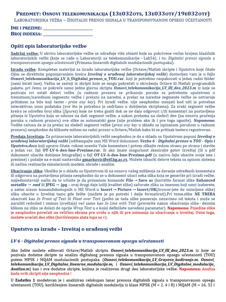 Vezba 6 - Digitalni prenos u TOU - Opis i Uputstvo | PDF