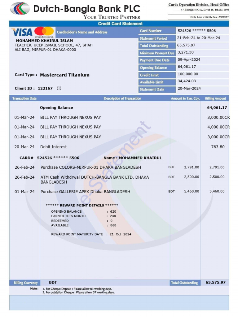 E-Statement of DBBL MasterCard Titanium Credit Card For Mar-2024 | PDF ...
