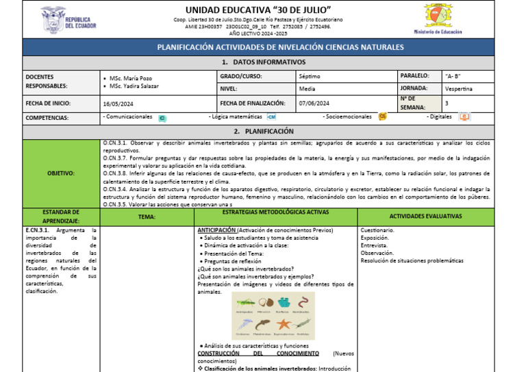 Plan Clase - CCNN - NIVELACION - SEPTIMO - 2024-2025 | PDF