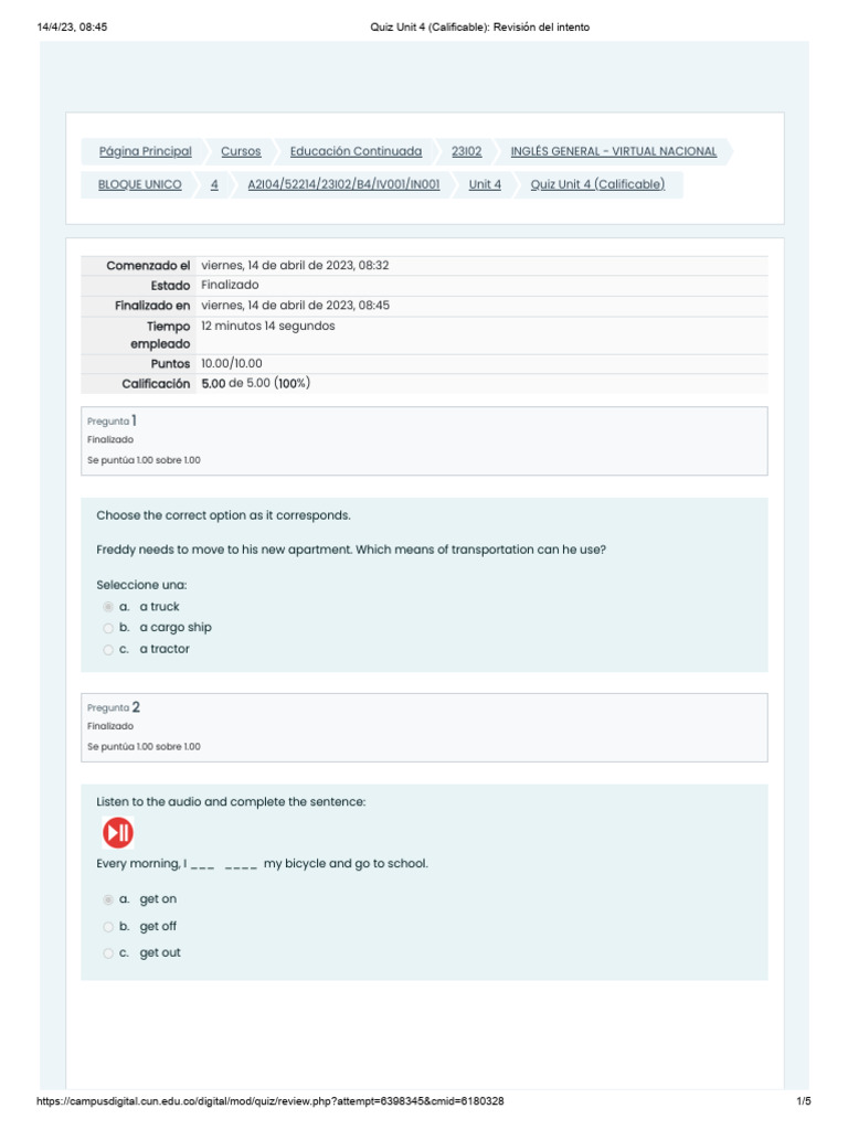 Quiz Unit 4 (Calificable) - Revisión Del Intento 2 | PDF | Transport | Public Transport