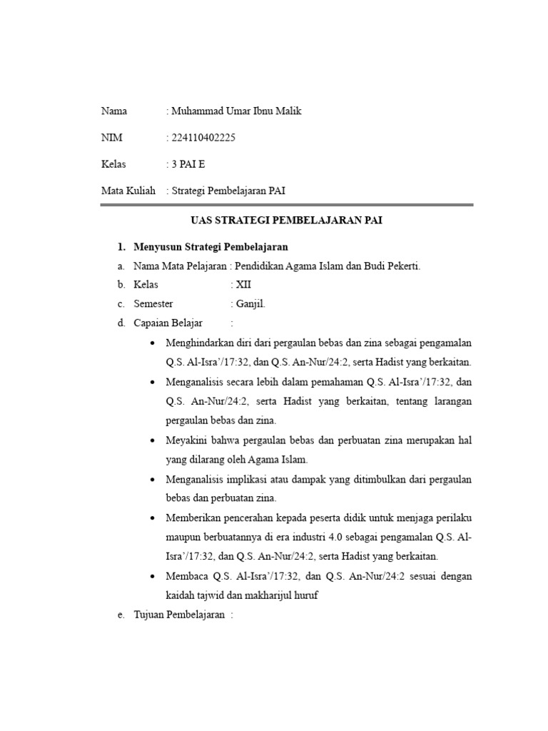 Muhammad Umar Ibnu Malik - 224110402225 - 3 Pai E - Uas Strategi Pembelajaran | PDF | Agama ...