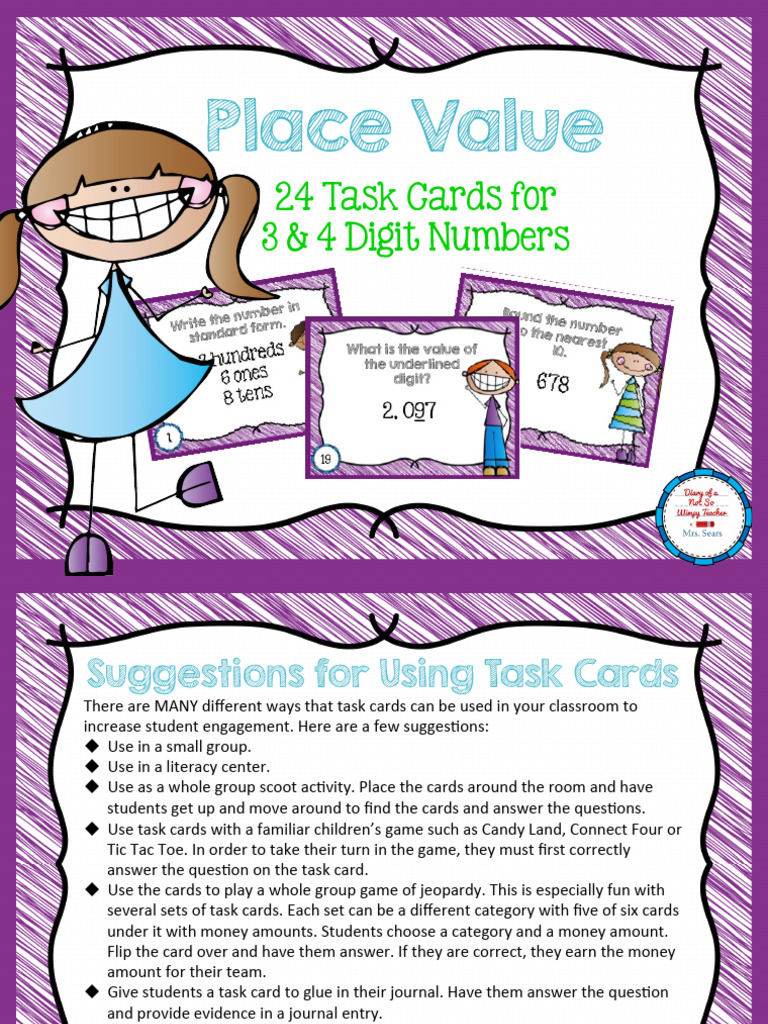 Place Value: 24 Task Cards For 3 & 4 Digit Numbers | PDF