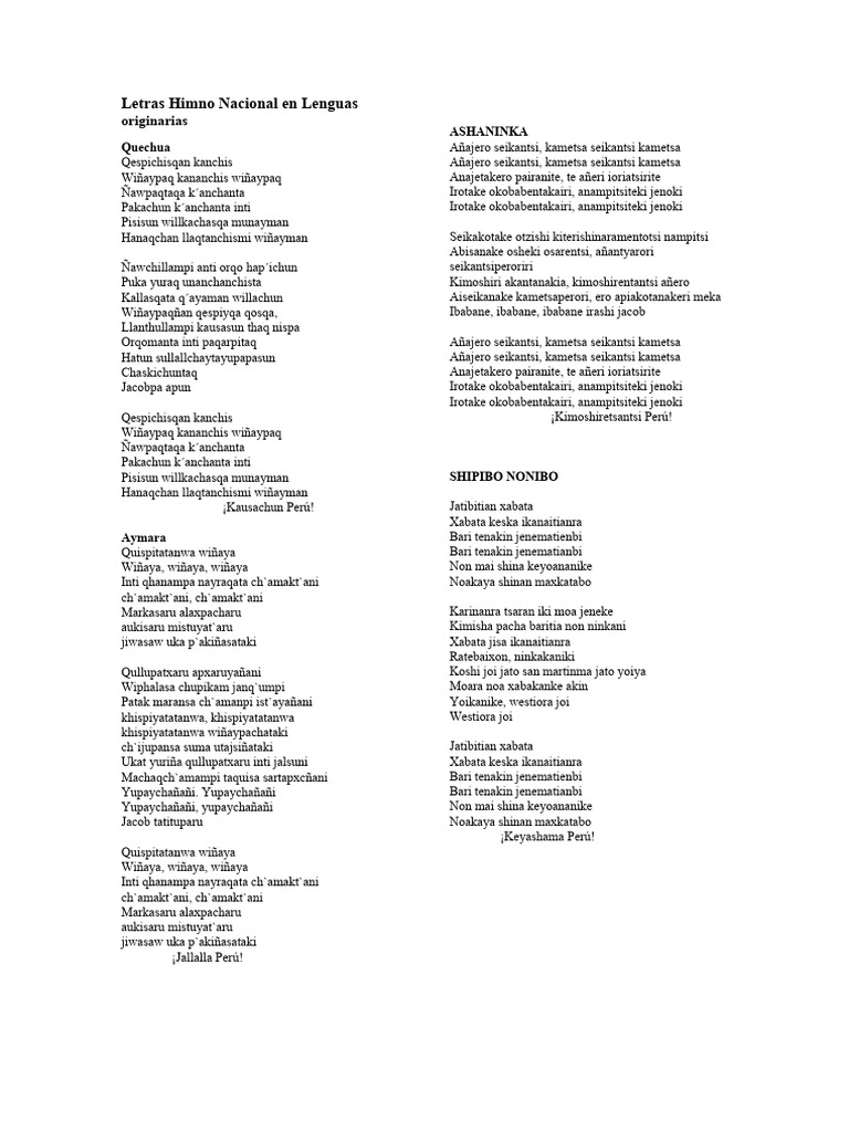 Letras Himno Nacional en Lenguas originarias | PDF | Himnos nacionales | Himnos