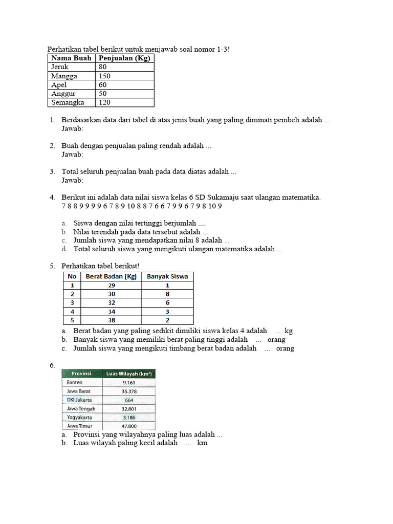 Soal Statistika Kelas 6 SD | PDF | Karier & Perkembangan | Olahraga ...
