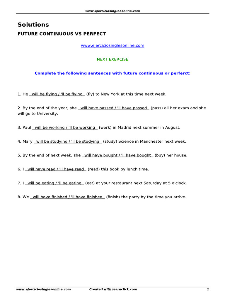 Solutions Future Continuous Vs Perfect | PDF
