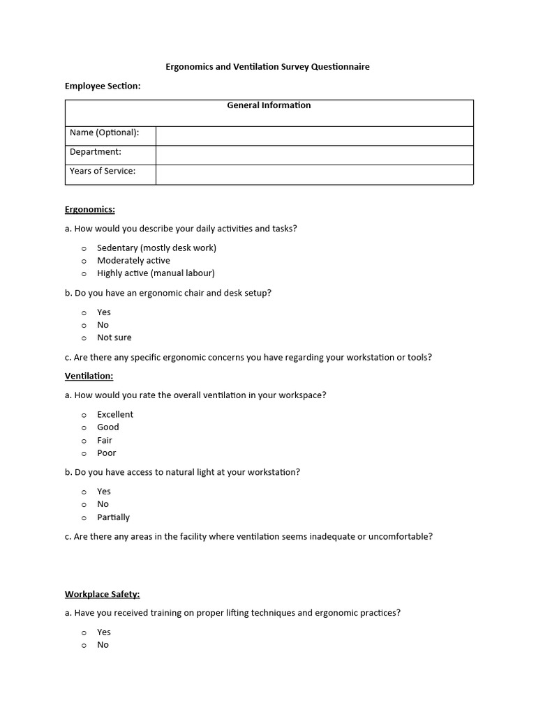 Ergonomics and Ventilation Survey Questionnaire | PDF | Human Factors ...
