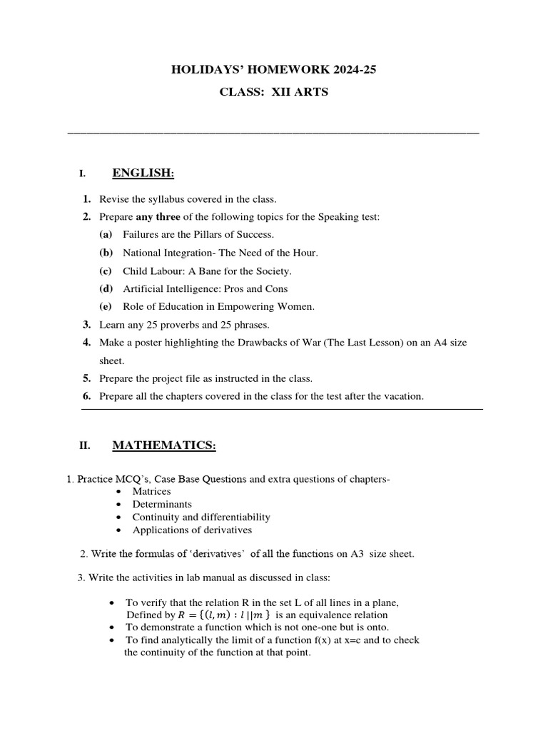 Holidays Homework 2024-25 for Class XII Arts | PDF | Function (Mathematics) | Mathematics