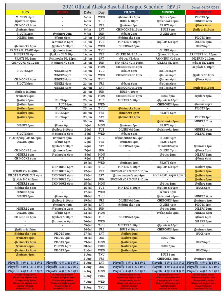 2024 Alaska Baseball League Official Schedule | PDF | Sports
