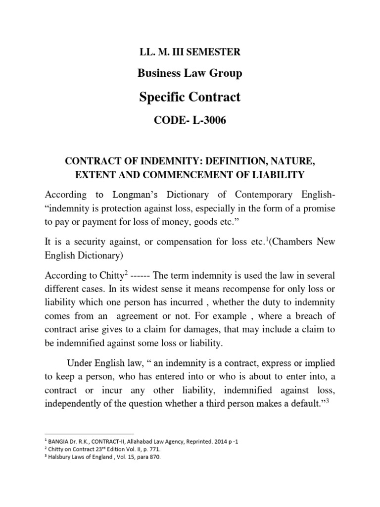 DR YOGENDRA LL.M. III SEM Specific Contract (Contract of Indemnity) BLG ...