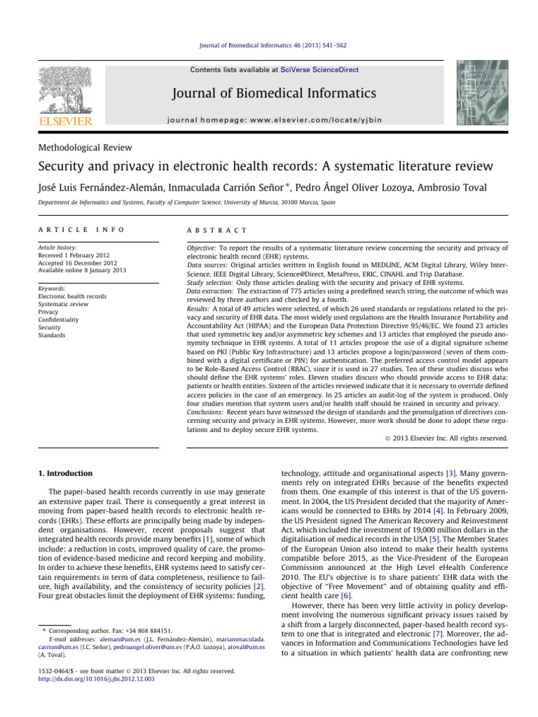 Security And Privacy In Electronic Health Records A Systematic Literature Review Pdf