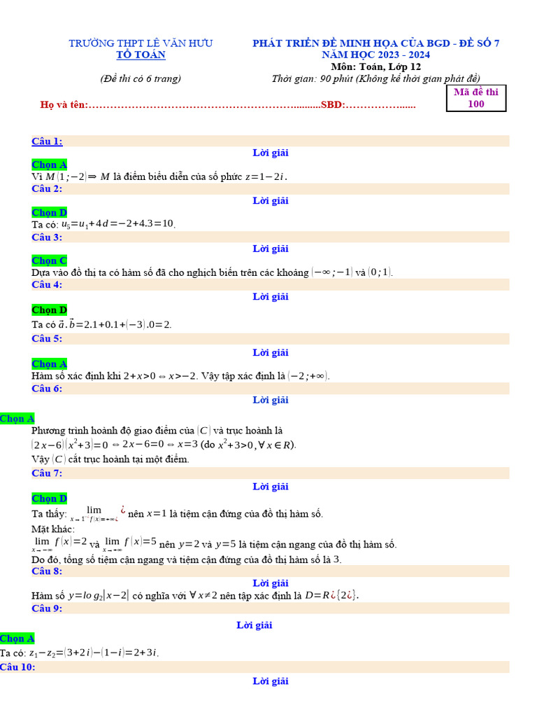 Chuyên đề PHÁT TRIỂN ĐỀ MINH HỌA CỦA BỘ GIÁO DỤC - ĐỀ SỐ 7 (7) - HDG | PDF