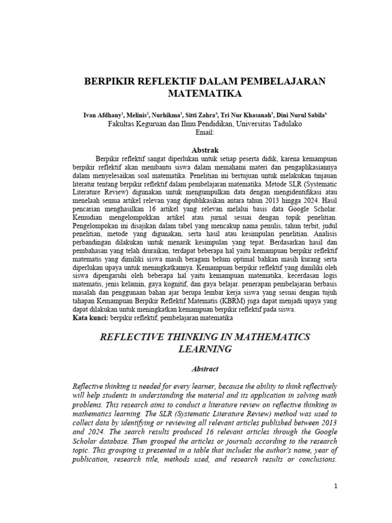 Artikel Berpikir Reflektif Dalam Pembelajaran Matematika | PDF | Karier & Perkembangan