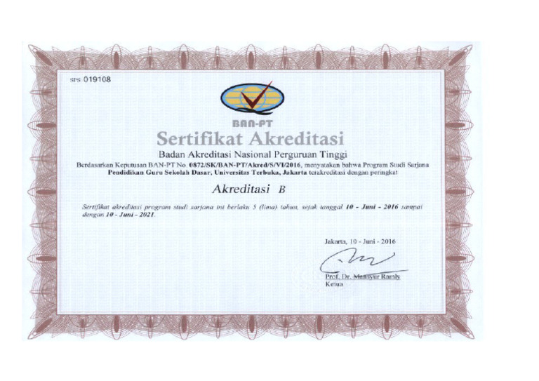 Sertikat Akreditasi Ut 2016-2021 | PDF