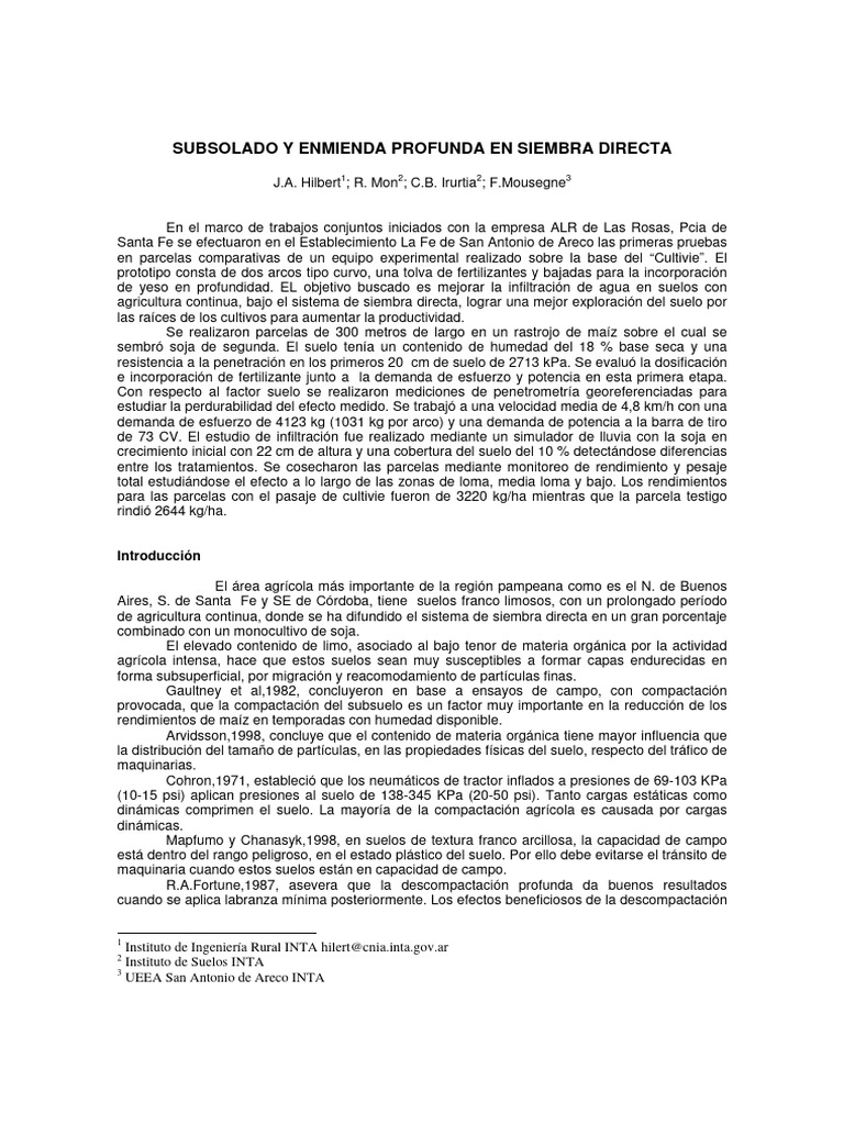 2003 - Subsolado y Enmienda Profunda en Siembra Directa | PDF ...
