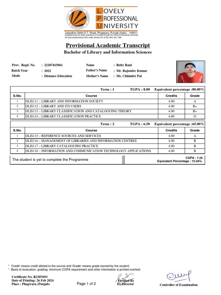 Rptodl Provisional Academic Transcript | PDF