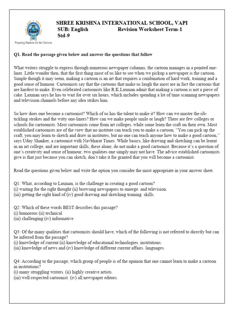 Revision Worksheet Class 9 T-1 | PDF | Cartoon