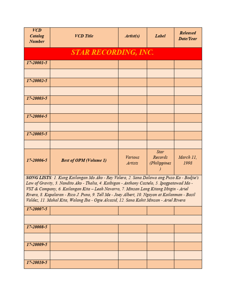 List of VCD Karaoke Produced by Star Records | PDF | Sound Recording | Musicians