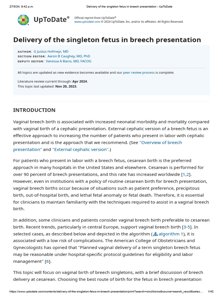 Delivery of The Singleton Fetus in Breech Presentation - UpToDate | PDF | Childbirth | Caesarean ...
