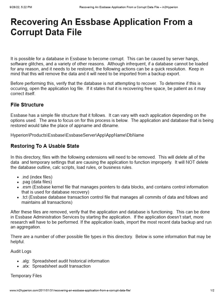 Recovering An Essbase Application From A Corrupt Data File | PDF | Computer File | Databases