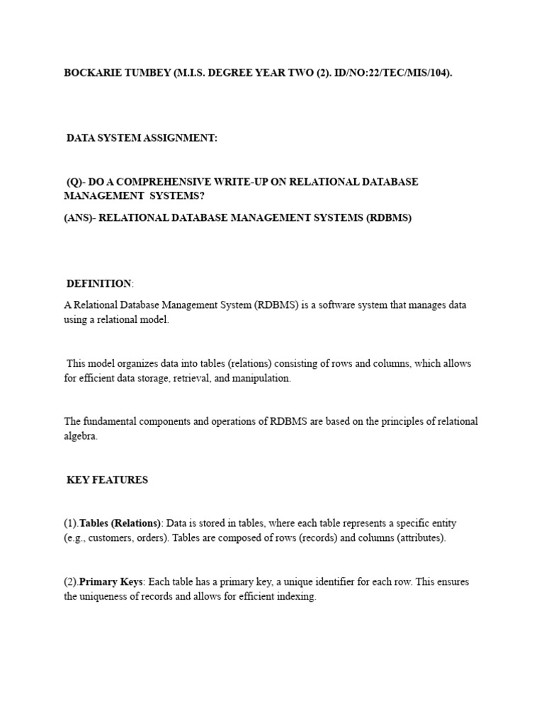 Relational Database Management Systems Assignment Pdf Relational Database Databases