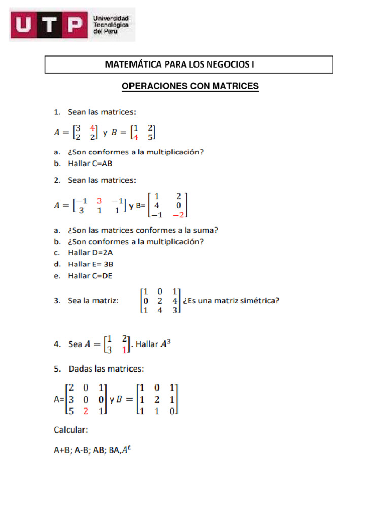 S10 - S1-Ejercicios Operaciones Con Matrices | PDF | Hogar y jardín