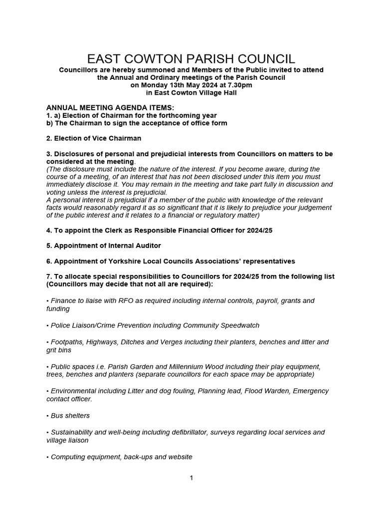 East Cowton Parish Council Meeting Agenda | PDF | Insurance | Expense
