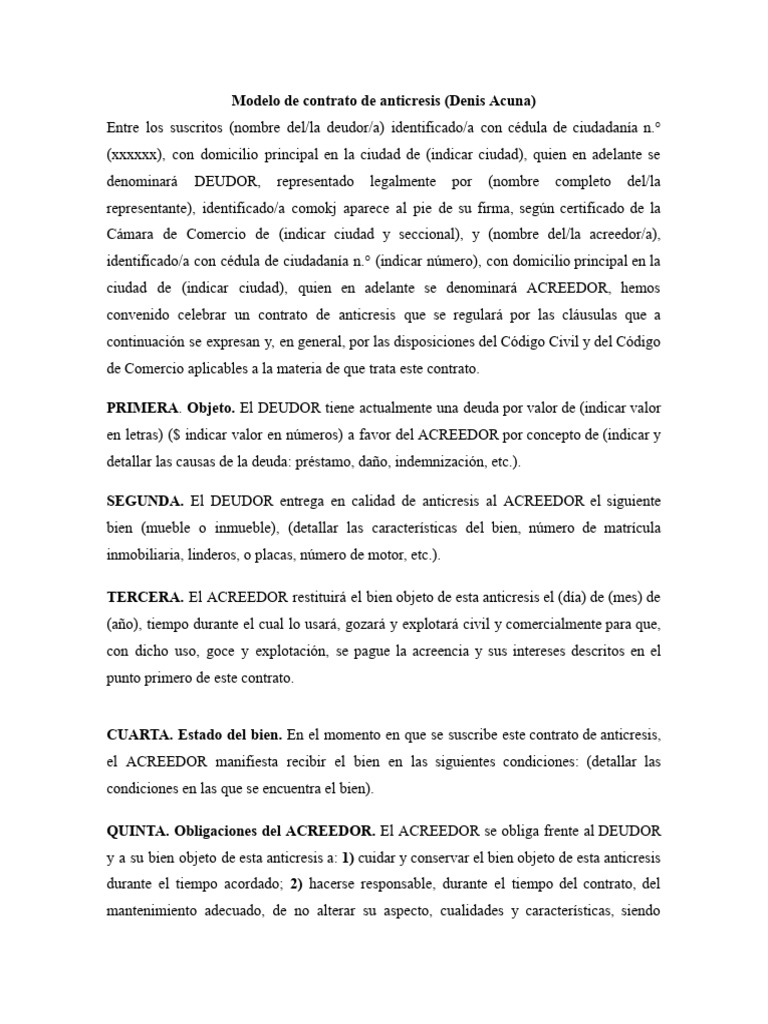 Modelo de Contrato de Anticresis (Denis Acuna) | PDF