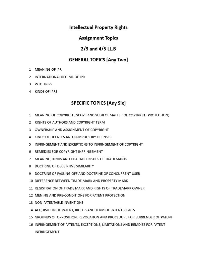 Intellectual Property Rights Assignment Topics 2/3 and 4/5 LL.B General ...