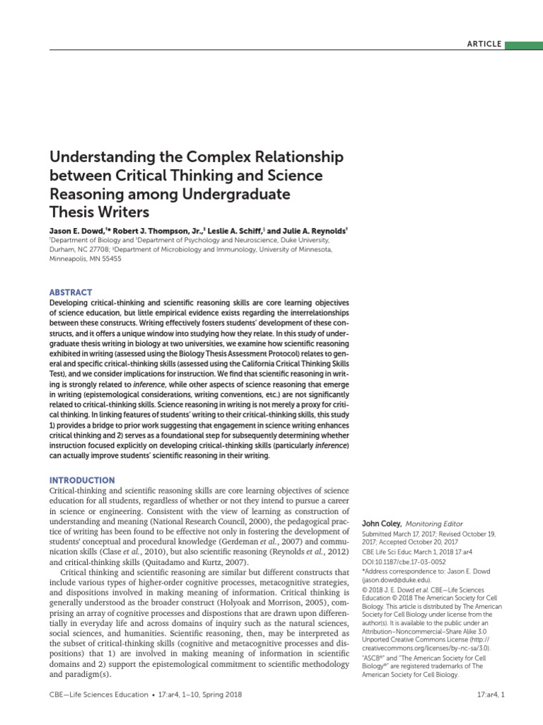 Dowd Et Al 2018 Understanding The Complex Relationship Between Critical Thinking and Science ...