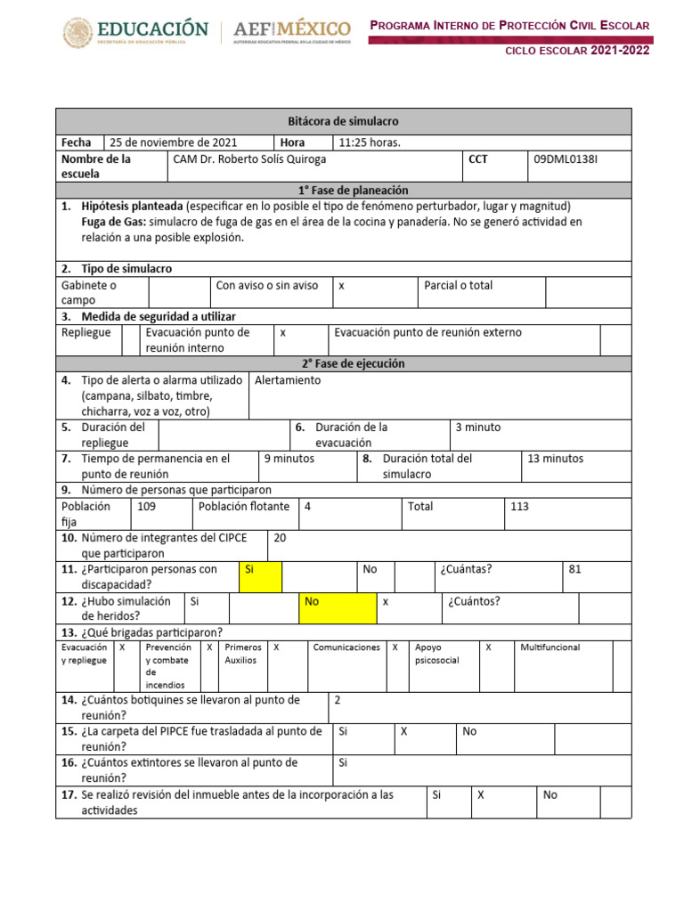 Bitácora de Simulacro - Fuga - de - Gas - 25 - Noviembre - 2021 | PDF
