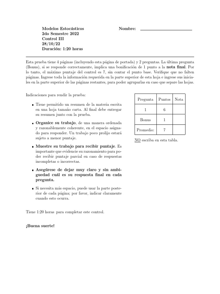 Pauta_CII2753_Control_3_2022-2 | Descargar gratis PDF | Cadena Markov | Matemáticas