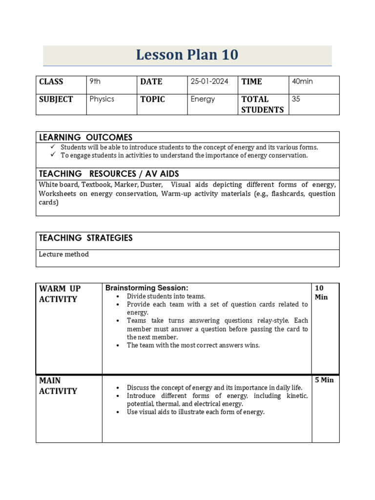 physics lesson plan 10 | PDF | Physics | Physical Quantities